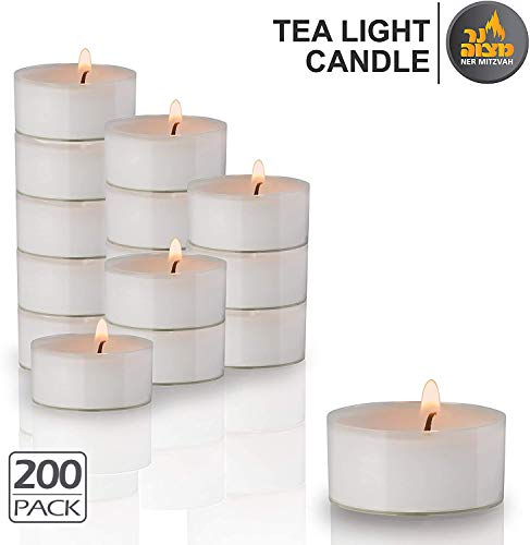 Ner Mitzvah Tea Light Candles - 200 Bulk Pack - White Unscented Tealight Candles in Clear Cup - Long Burning - 4.5 Hour