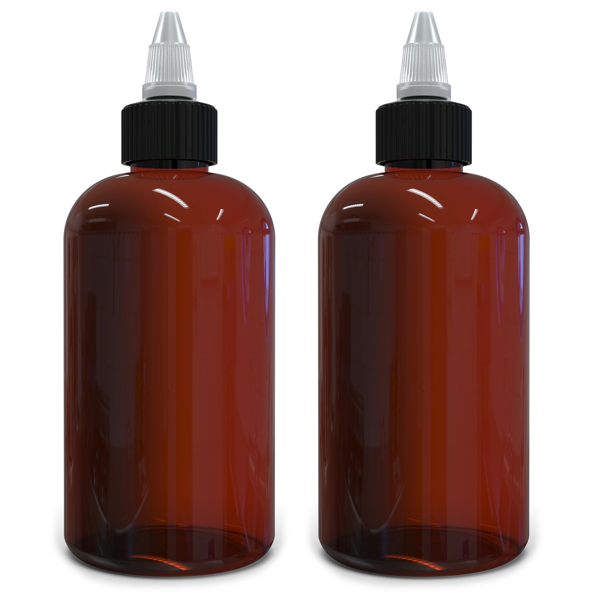 BRIGHTFROM Twist Top Applicator Bottles, 8 OZ Amber, Squeeze Empty Round Plastic Bottles, BPA-Free, PET, Refillable, Open/Close Nozzle (Black) - Multi Purpose (Pack of 2)