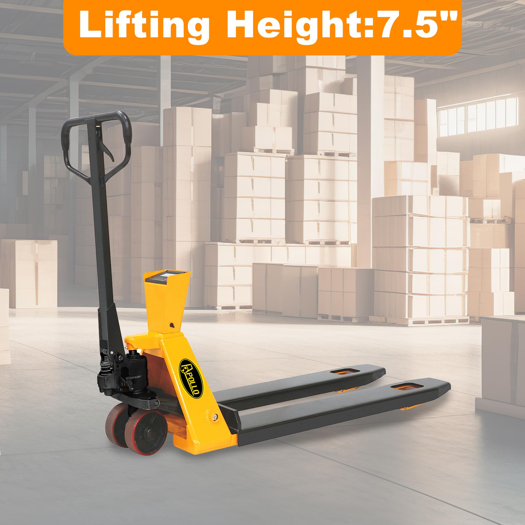 APOLLO Scale Pallet Jack Manual Hand Truck, Lb/Kg Switchable Electronic Digital Scale, 1lb Readability, 4400lbs Capacity 48"x27" Fork for Heavy Duty Warehouse Supermarket, Logistics Center