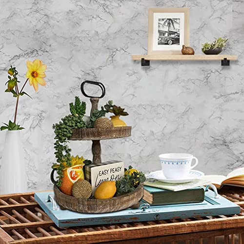DECORIO Farmhouse Distressed Two Tier Brown Decorative Tray - Wood Tiered Tray Stand - Two Tier Tray Easter Tiered Tray Decor - Two Tiered Tray - 2 Tier Wooden Tray 2 Tier Serving Tray 17"x13"