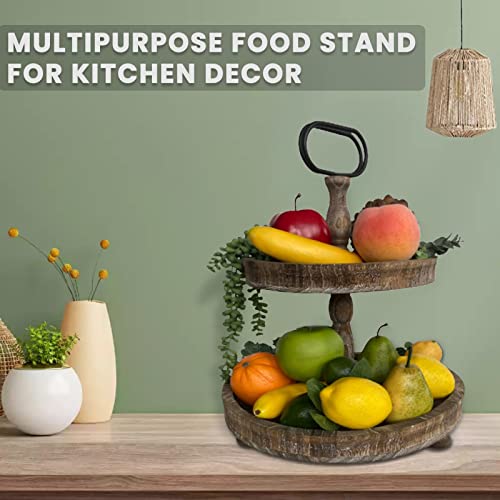 DECORIO Farmhouse Distressed Two Tier Brown Decorative Tray - Wood Tiered Tray Stand - Two Tier Tray Easter Tiered Tray Decor - Two Tiered Tray - 2 Tier Wooden Tray 2 Tier Serving Tray 17"x13"