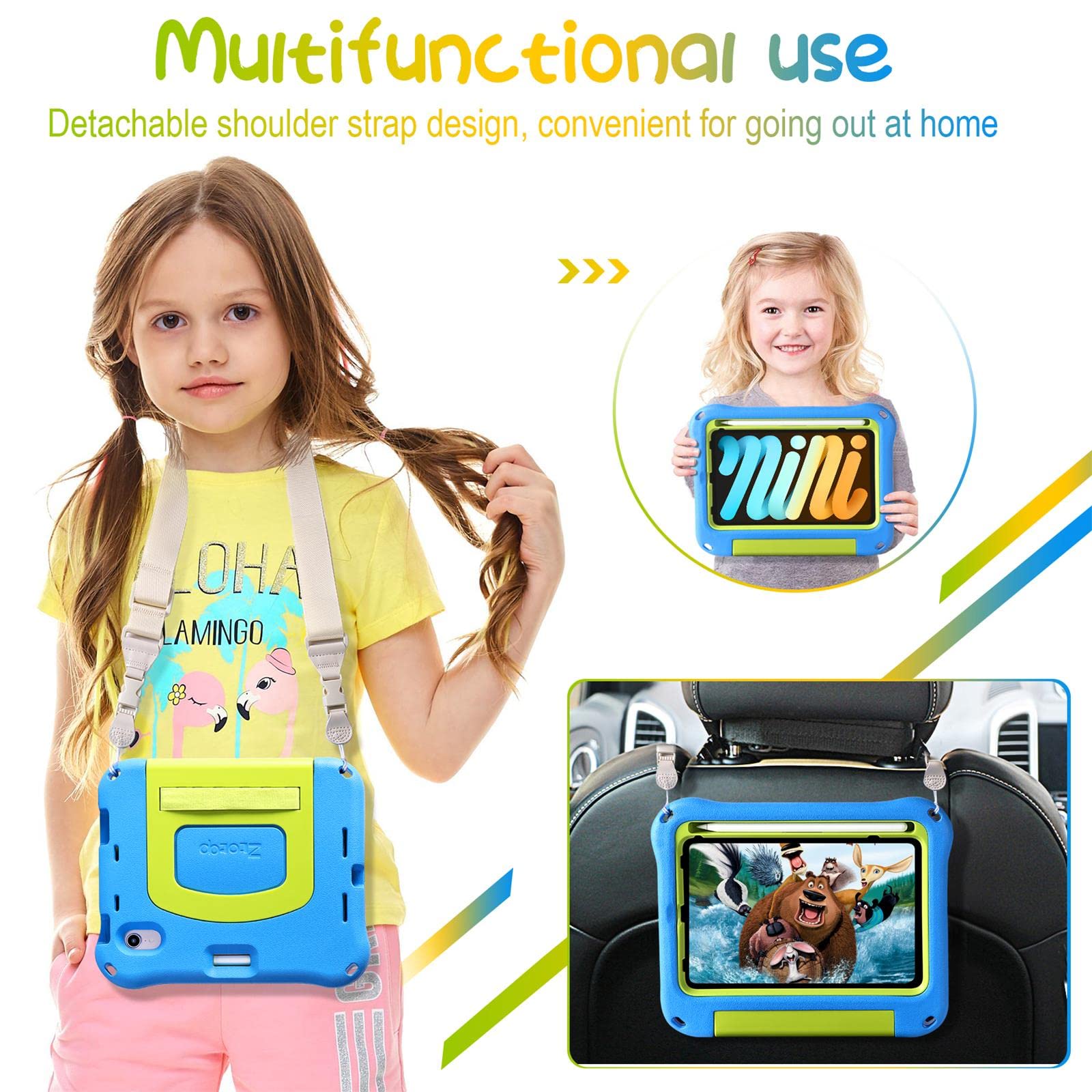 ZtotopCases Kids Case for New iPad Mini 6 2021(6th Generation), Built-in Screen Protector and Shoulder Strap, Shockproof Lightweight, Cover with iPad Pencil Holder for iPad Mini 6th Gen 8.3 Inch, Blue
