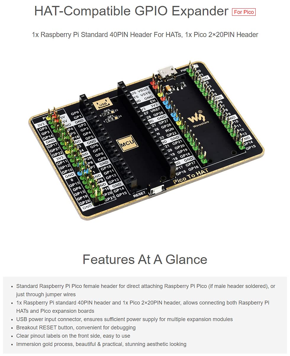 Waveshare GPIO Expander for Raspberry Pi Pico 1x Raspberry Pi Standard 40PIN 1x Pico 2×20PIN Header