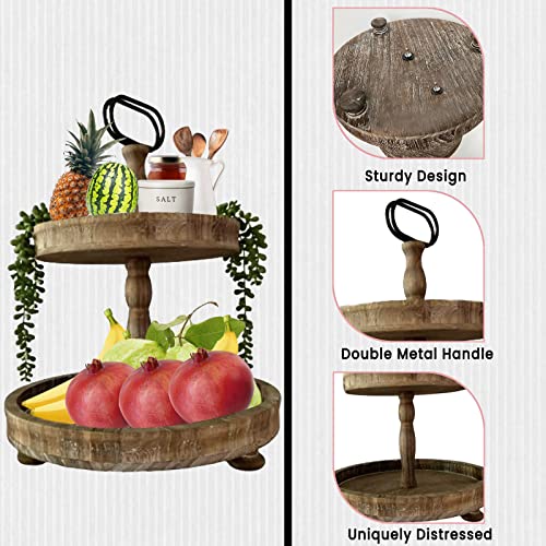 DECORIO Farmhouse Distressed Two Tier Brown Decorative Tray - Wood Tiered Tray Stand - Two Tier Tray Easter Tiered Tray Decor - Two Tiered Tray - 2 Tier Wooden Tray 2 Tier Serving Tray 17"x13"