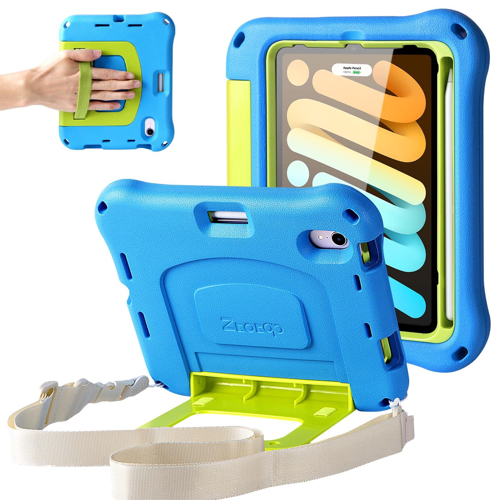 ZtotopCases Kids Case for New iPad Mini 6 2021(6th Generation), Built-in Screen Protector and Shoulder Strap, Shockproof Lightweight, Cover with iPad Pencil Holder for iPad Mini 6th Gen 8.3 Inch, Blue
