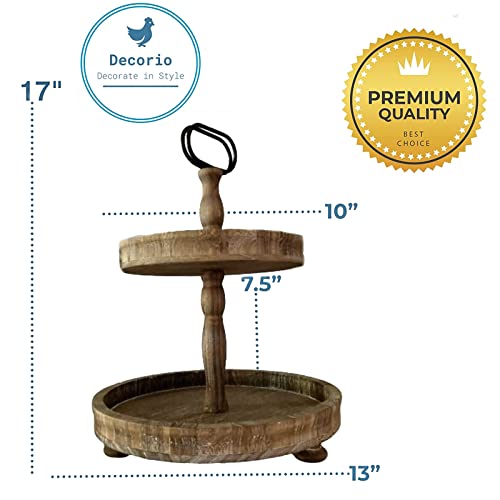 DECORIO Farmhouse Distressed Two Tier Brown Decorative Tray - Wood Tiered Tray Stand - Two Tier Tray Easter Tiered Tray Decor - Two Tiered Tray - 2 Tier Wooden Tray 2 Tier Serving Tray 17"x13"