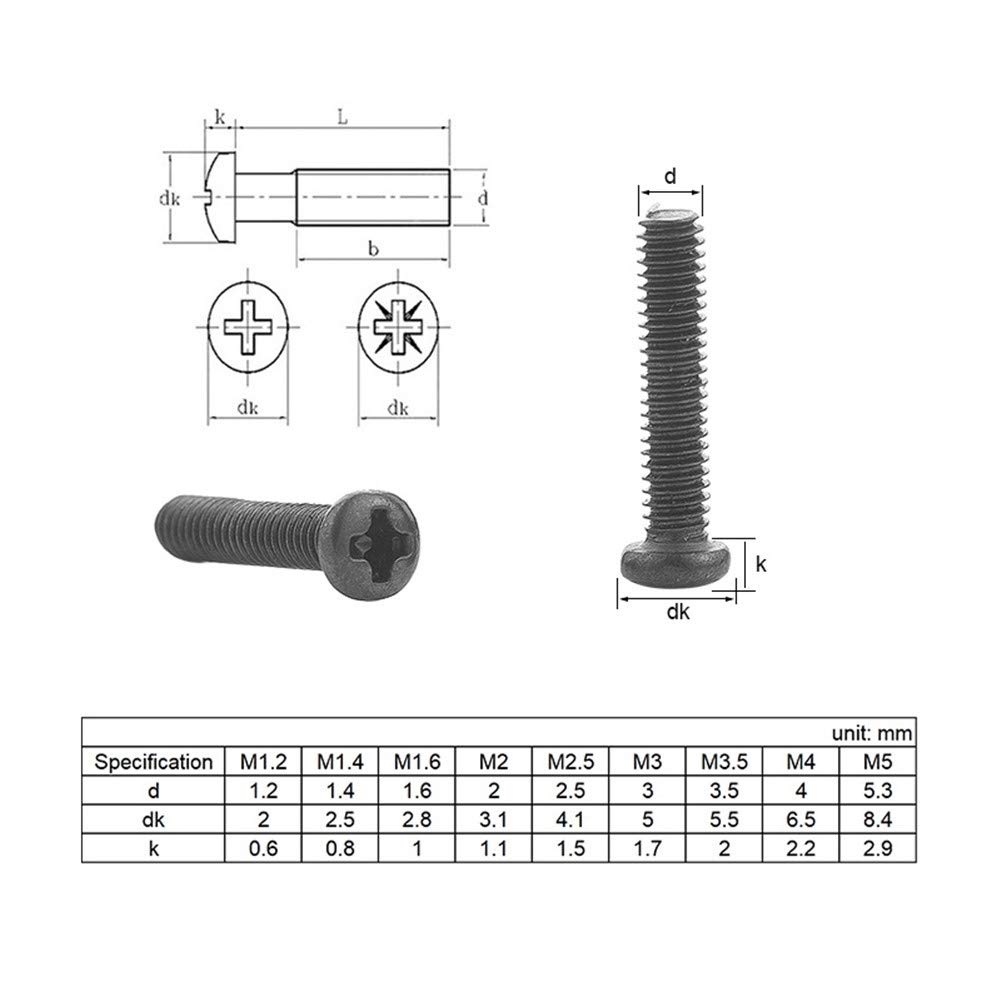 TONGCHAO Tchaosc 650pcs Cross Recessed Round Pan Head Machine Screws Set M1.4 M1.7 M2 M2.5 M3 Mini Screw Laptop Computer Screw Cross Screw Kit