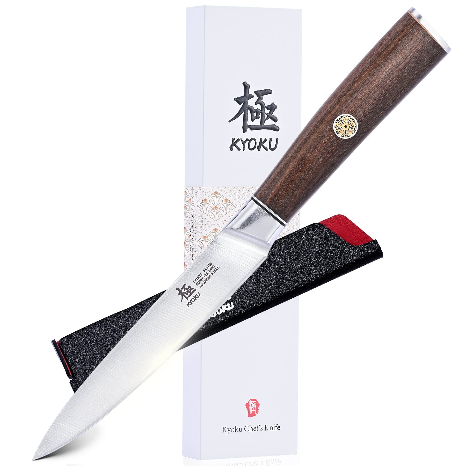KYOKU 5 Inch Utility Knife - Daimyo Series - Multipurpose Chef Knife with Ergonomic Rosewood Handle, & Mosaic Pin - Japanese 440C Stainless Steel Kitchen Knife with Sheath & Case