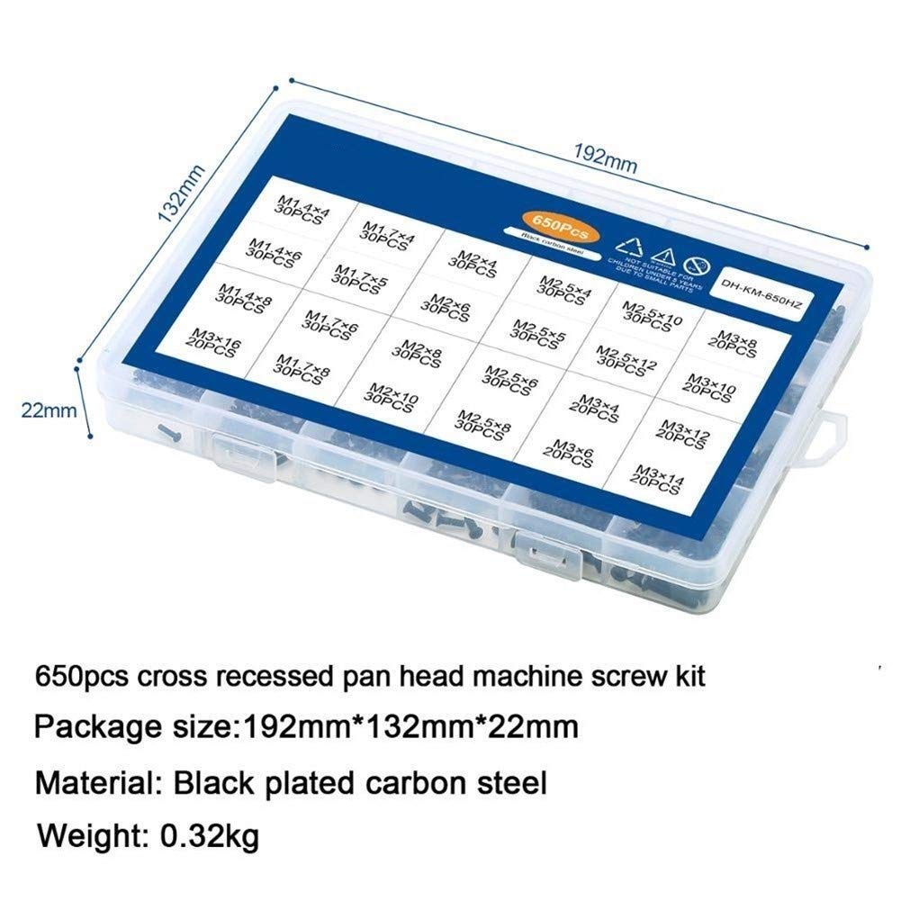 TONGCHAO Tchaosc 650pcs Cross Recessed Round Pan Head Machine Screws Set M1.4 M1.7 M2 M2.5 M3 Mini Screw Laptop Computer Screw Cross Screw Kit
