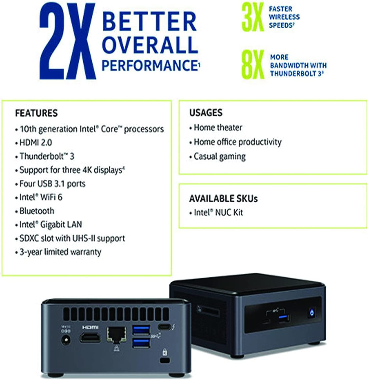 Intel NUC 10 Mini Performance Kit, 16GB RAM, 512GB PCIe SSD, Core i7-10710U, UHD Graphics, Windows 11 Pro, 3-YR Warranty, IST Cable, RJ45, Wi-Fi 6, BXNUC10i7FNHN