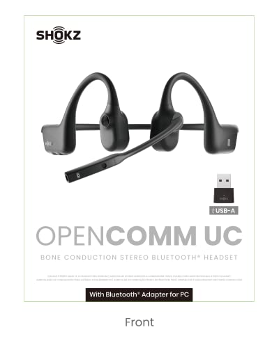 Shokz (AfterShokz)OpenComm UC Bone Conduction Bluetooth Stereo Computer Headset with Loop100 USB-A Adapter-Wireless PC Headphones Noise-Canceling Boom Microphone for Home Office Use,with Bookmark