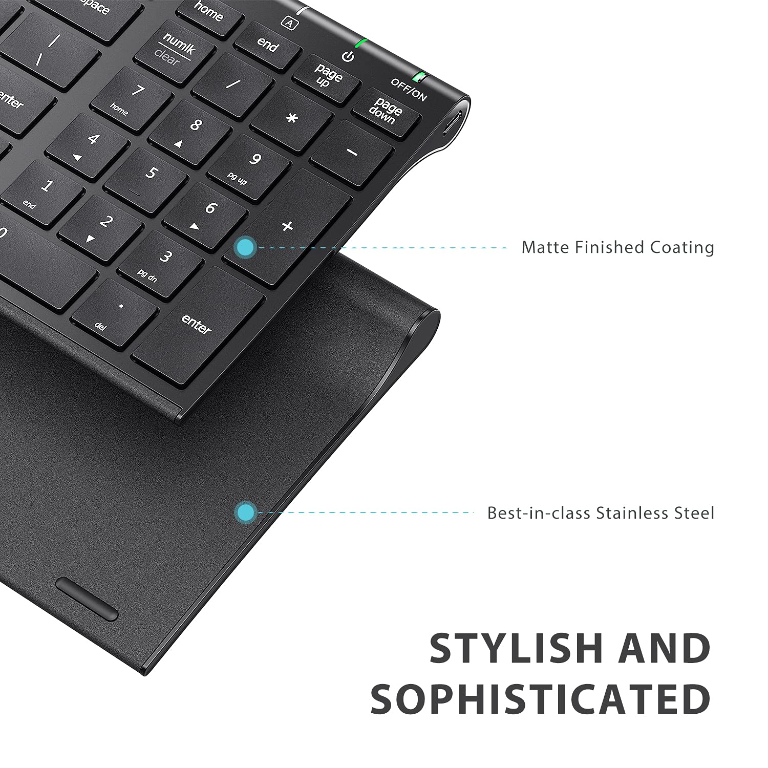 iClever Wireless Keyboard GKA22B Rechargeable Keyboard with Number Pad, Full-Size Stainless Steel Ultra Slim Keyboard, 2.4G Stable Connection Wireless Keyboard for iMac, Mackbook, PC, Laptop