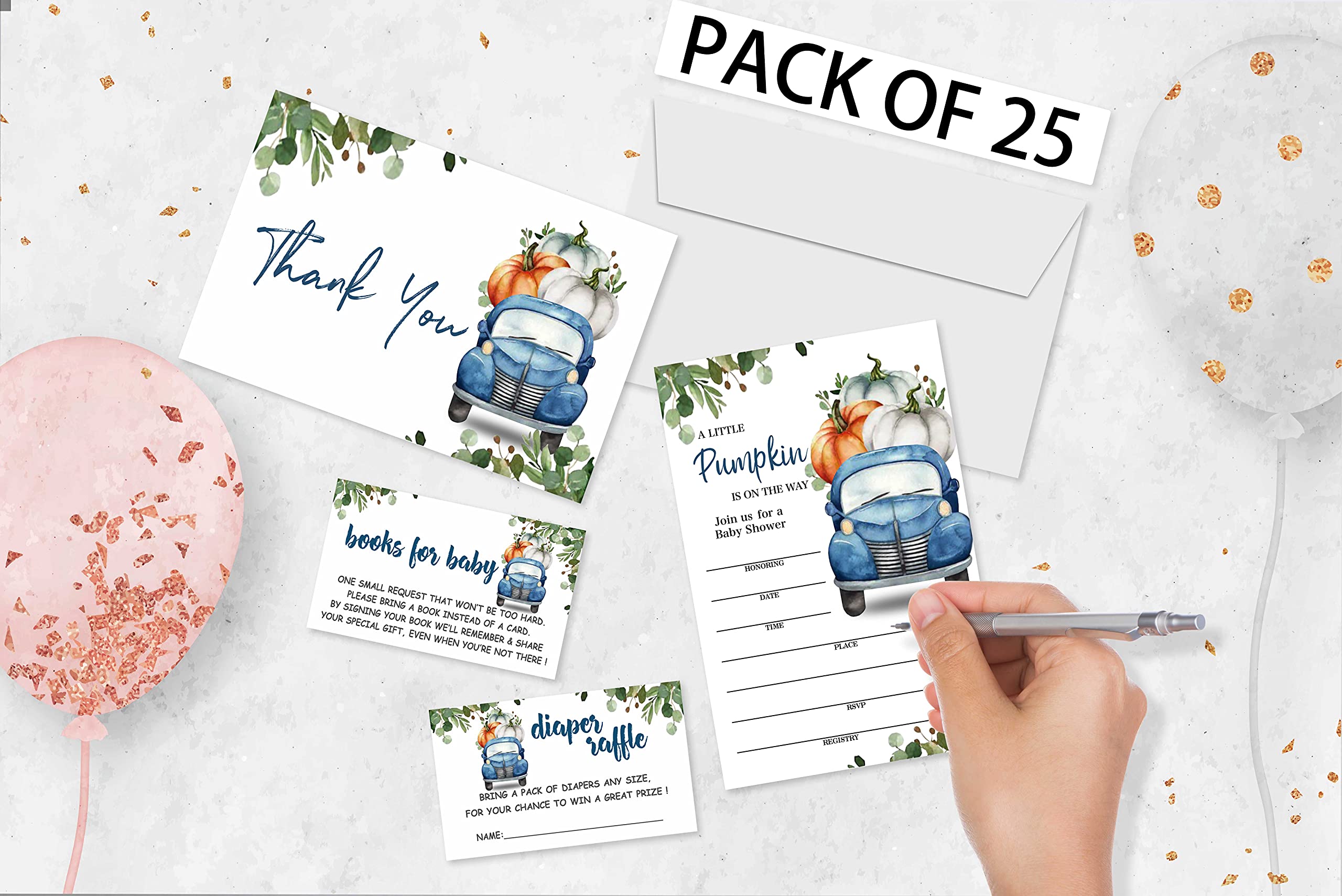 Yuansail Baby Shower Invitation Set, Fill In Invites Cards, Books for Baby, Diaper Raffle, Thank You, Pumpkin, Each Design 25 Cards & Envelopes (Total 100 Cards) – (bb008-taozhuang)