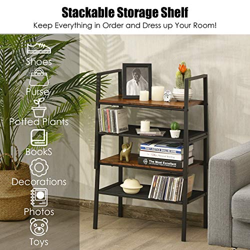 Giantex 2-Tier Storage Shelf Bookcase Stackable Ladder Rack W/ Metal Frame and Mesh Shelf Compact Kitchen Shelf for Living Room, Bedroom, Entryway Kitchen Industrial Style Shoe Rack(1)