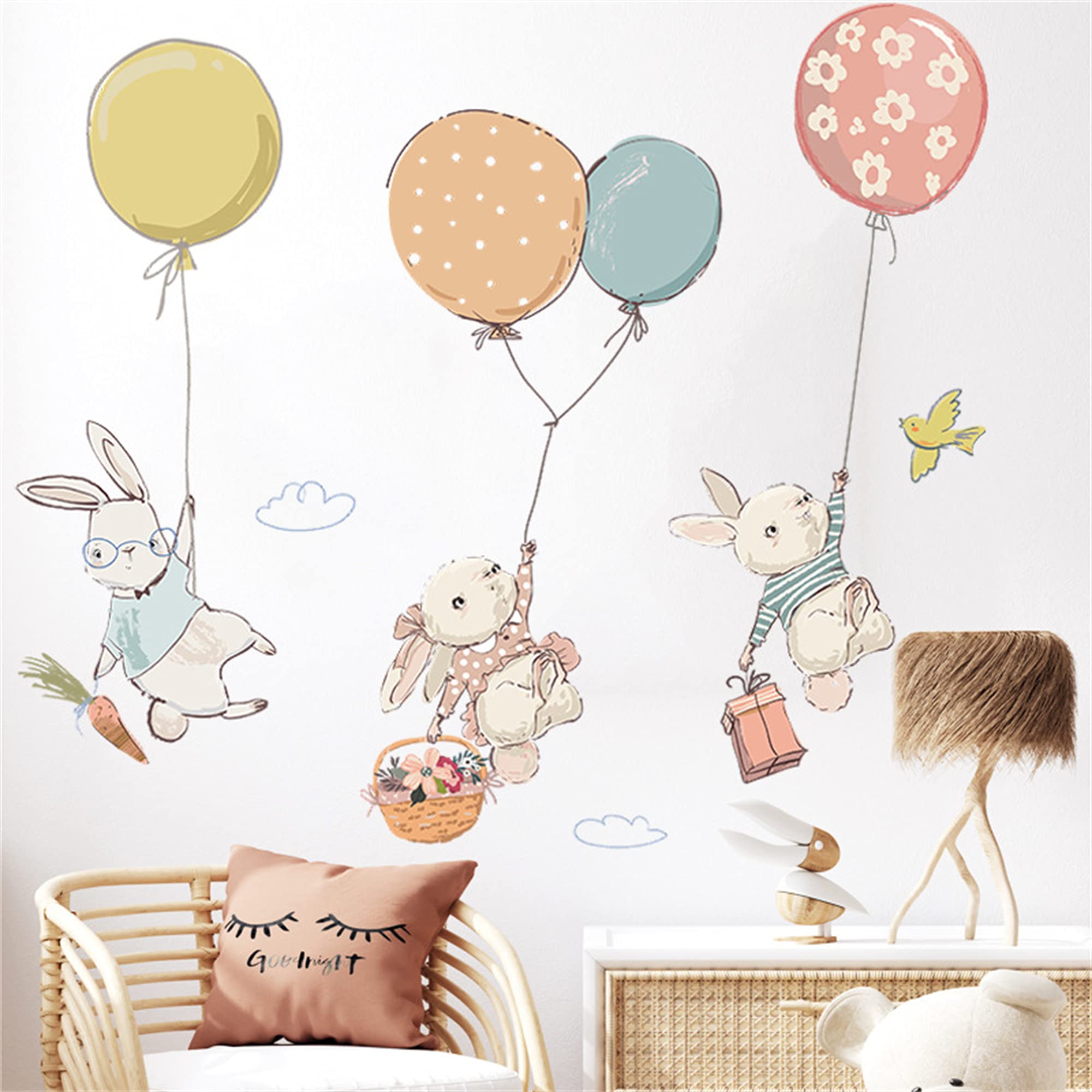 Bunny and Balloon Wall Sticker Suitable for Bedroom, Wall, Living Room, Kindergarten, Children's Room, New Home Decoration, Removable Wall Sticker Decoration (Bunny and Balloon 2)