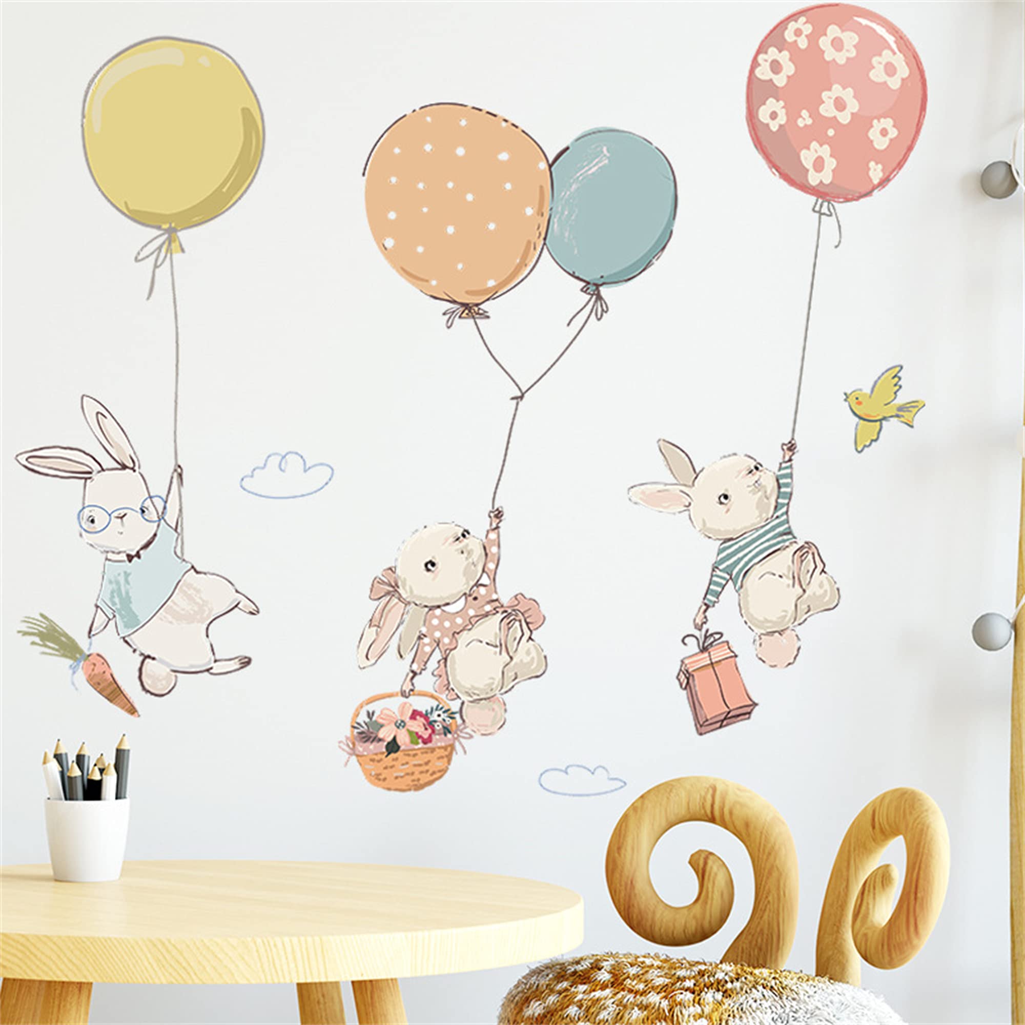 Bunny and Balloon Wall Sticker Suitable for Bedroom, Wall, Living Room, Kindergarten, Children's Room, New Home Decoration, Removable Wall Sticker Decoration (Bunny and Balloon 2)