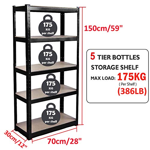 Autofather 5-Tier Heavy Duty Metal Shelving, 59" x 28" x 12" Racking Storage Unit, Black (386LB Capacity Per Shelf), 1929LB Total Capacity Garage Shed Storage Shelving Units, 3 Year Warranty