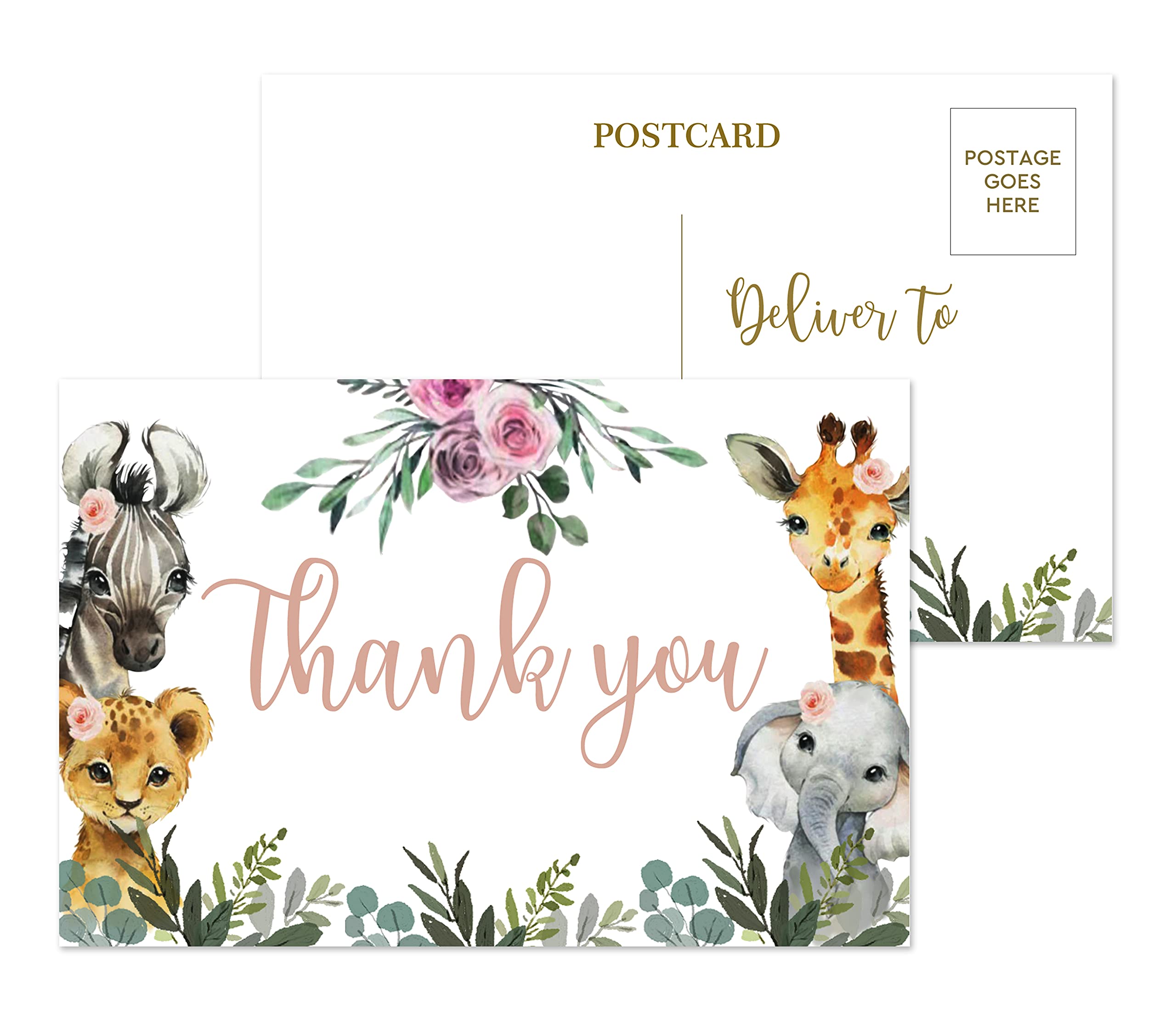 Yuansail Safari Baby Shower Thank You Postcards, Jungle Animal Floral Appreciation Post Cards, 25 cards – (bb002-ganxie)