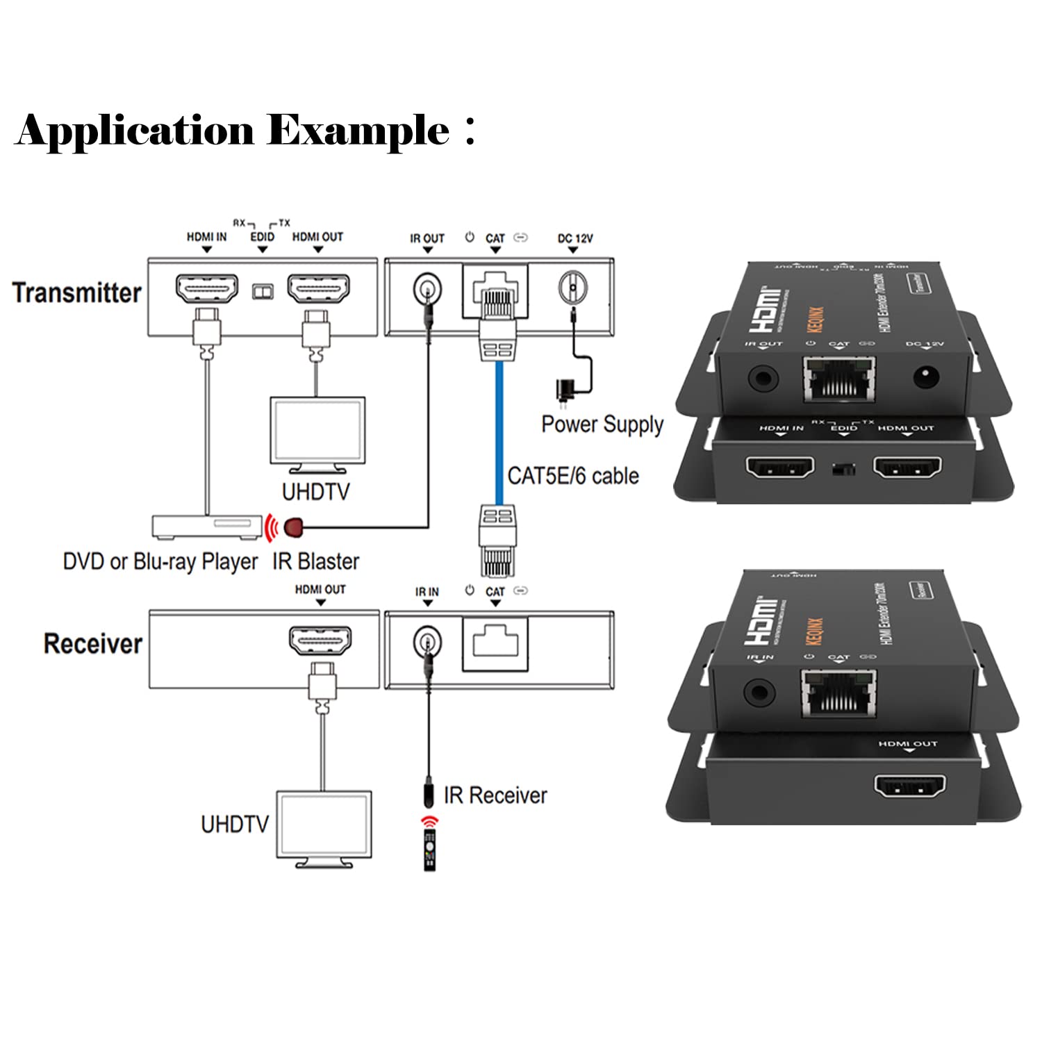 KEQINX 4K HDMI Extender 230ft HDMI Baluns POC HDMI Audio Inserter