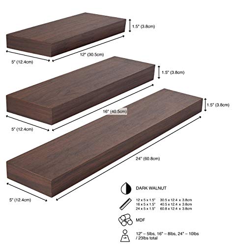 Kiera Grace kieragrace KG Maine Floating Shelves-Dark Walnut, 12", 16", 24", Set of 3 Wall Organization