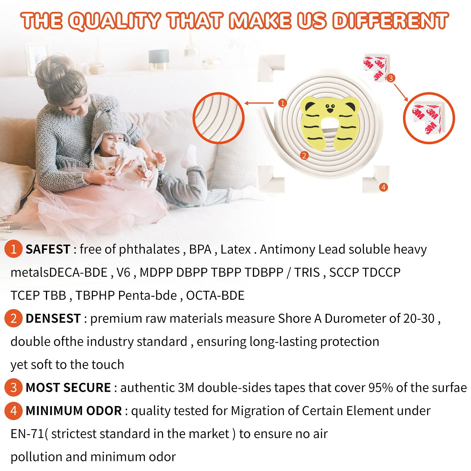 Ricbestlab Baby Proofing Edge and Corner Guards, Safety 3M Pre-Taped Furniture Bumper, Rice White, Heavy-Duty (Rice White, 6.5 Feet + 4 Corner)