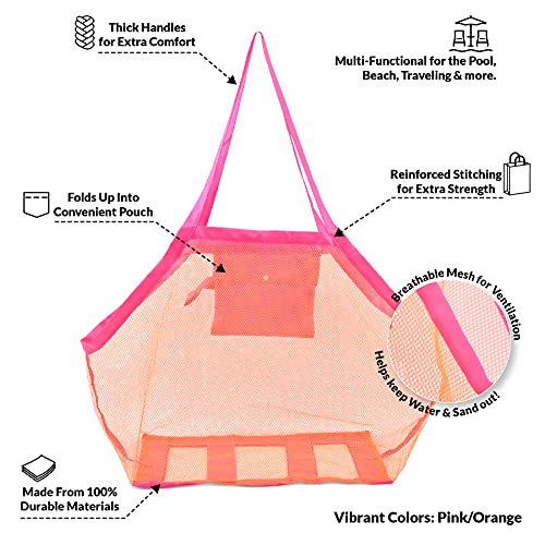 Beach Toy Bag - Large Mesh Tote for Kids Sandy Toys, Reusable & Foldable with Pouch for Pool, Towels, Bath Storage, Seashells, Travel & Vacation, Durable Waterproof and Washable - 17.5x17.5x10
