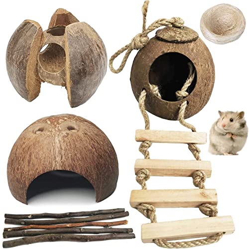 kathson Natural Coconut Hut Hamster Hiding House Pet Cave Small Animal Cage Habitat Decor Hanging Guinea Pig Toys with Ladder for Gerbils Rats Mice Playing Breeding 9PCS