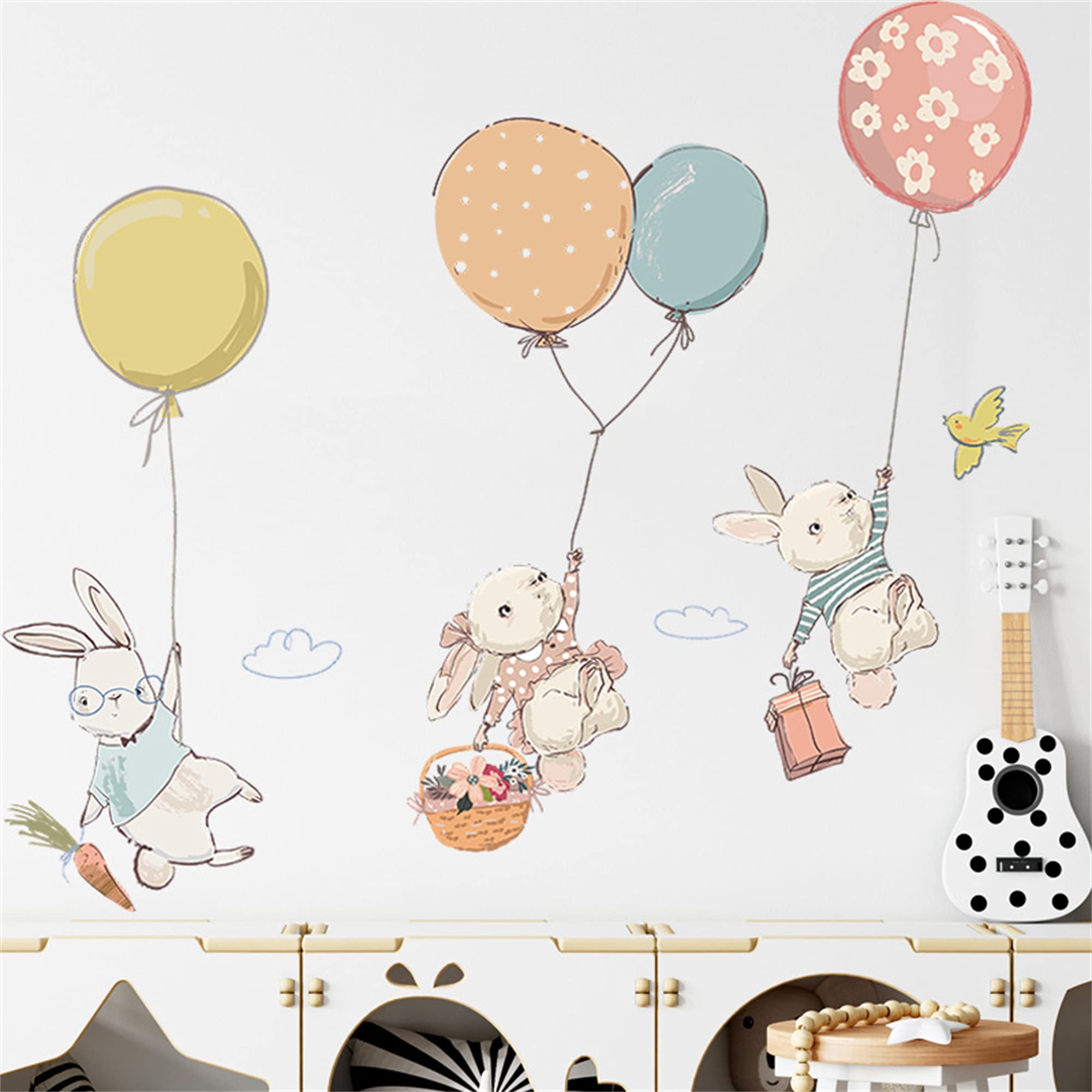 Bunny and Balloon Wall Sticker Suitable for Bedroom, Wall, Living Room, Kindergarten, Children's Room, New Home Decoration, Removable Wall Sticker Decoration (Bunny and Balloon 2)