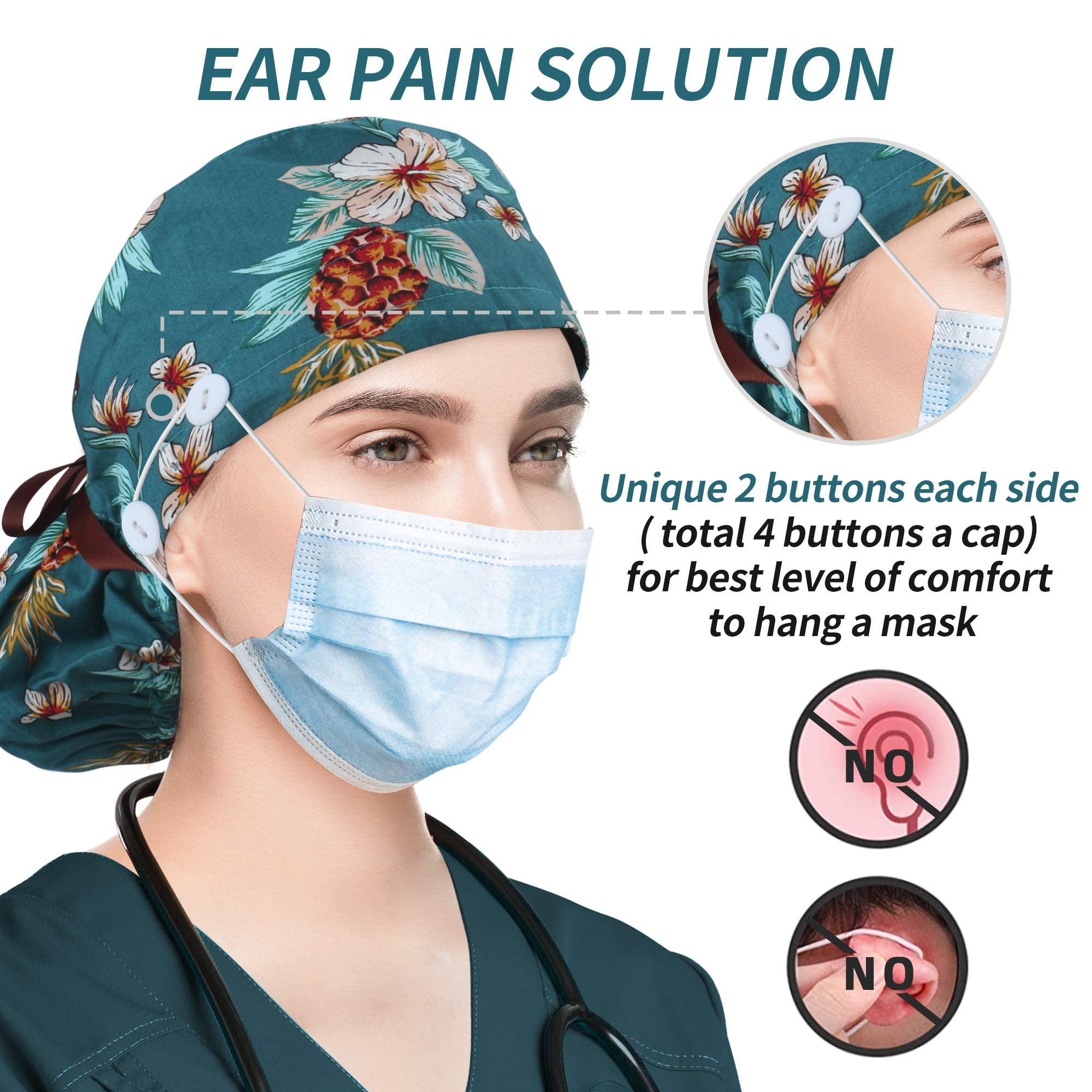 ABAMERICA Ponytail Scrub Caps for Women Surgical Caps Nurse Hat with Functional Ponytail Holder for Long Hair, Single or Satin-Lined