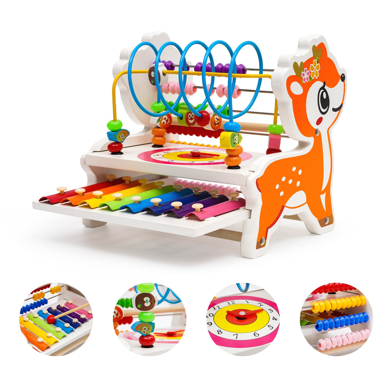 NUKied 4-in-1 Kids Baby Activity Cube Toys, Wooden Activity Center with Abacus Bead Maze Xylophone Clock Kids Toys, Developmental Educational Learning Toys for for 1 2 3 Years Old Girls Boys