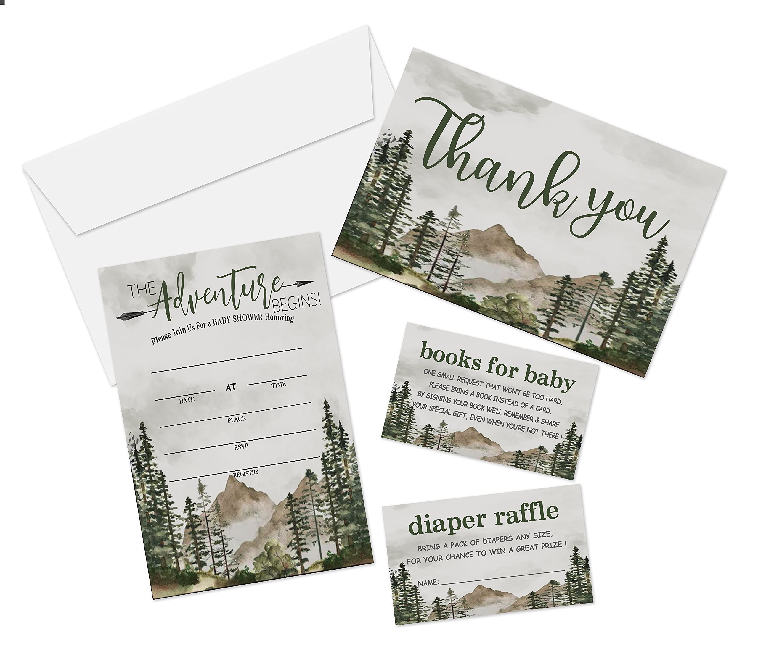 Yuansail Baby Shower Invitation Set, Fill In Invites Cards, Books For Baby, Diaper Raffle, Thank You, The Adveture Begins, Each Design 25 Cards & Envelopes (Total 100 Cards) – (bb003-taozhuang)