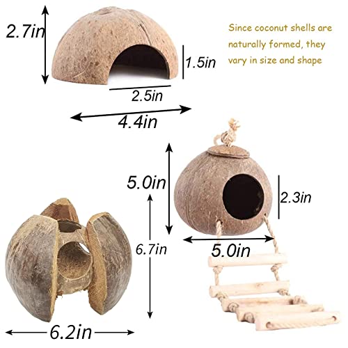 kathson Natural Coconut Hut Hamster Hiding House Pet Cave Small Animal Cage Habitat Decor Hanging Guinea Pig Toys with Ladder for Gerbils Rats Mice Playing Breeding 9PCS