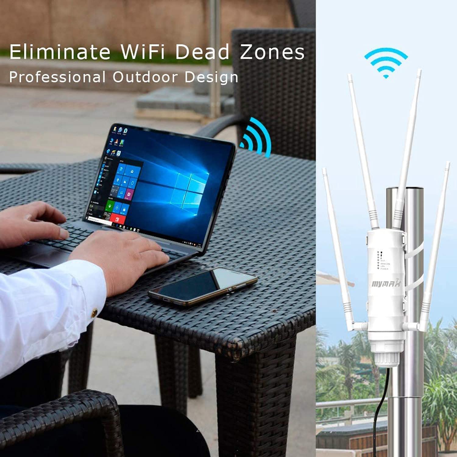 AC1200 Long Range Outdoor WiFi Mesh Extender with Ethernet Port & 4-Antenna, MyMAX WN572HP3 Dual-Band 1200Mbps Weatherproof Outside Access Point/Wireless Repeater/Internet Booster Signal Amplifier