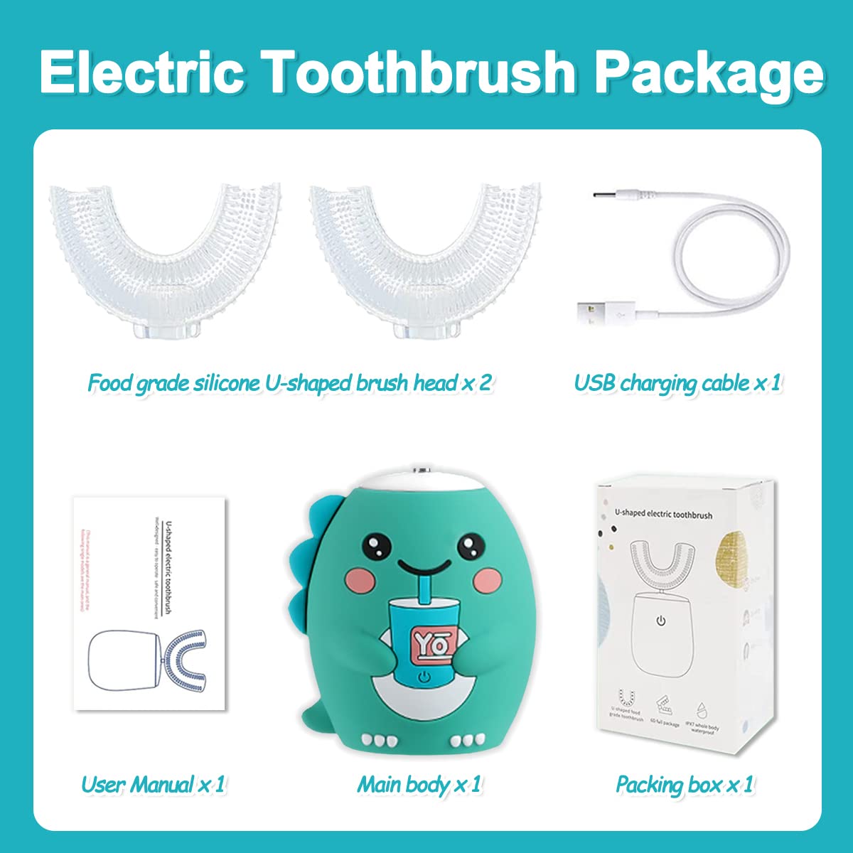 DORCAS U Shaped Toothbrush Kids Electric Toothbrushes, 6 Ultrasonic Cleaning Modes, IPX7 Waterproof, 59S Smart Reminder Toddler Toothbrush(Green Dinosaur, Ages 2-7)