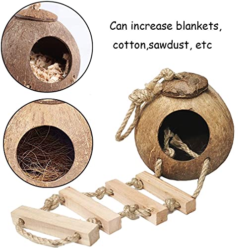 kathson Natural Coconut Hut Hamster Hiding House Pet Cave Small Animal Cage Habitat Decor Hanging Guinea Pig Toys with Ladder for Gerbils Rats Mice Playing Breeding 9PCS