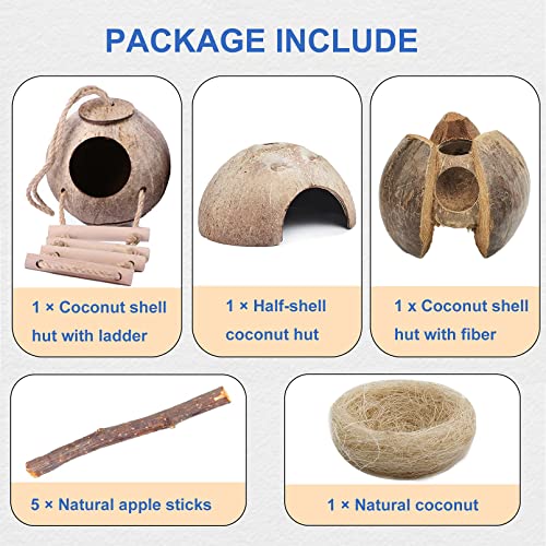 kathson Natural Coconut Hut Hamster Hiding House Pet Cave Small Animal Cage Habitat Decor Hanging Guinea Pig Toys with Ladder for Gerbils Rats Mice Playing Breeding 9PCS