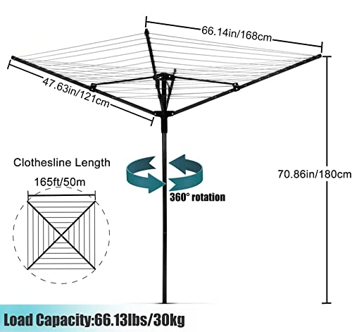 MYOYAY Rotary Outdoor Umbrella Drying Rack Umbrella Rotary Dryer Clothes Line Protective Cover 4 Arms with 165ft Clothesline Outdoor