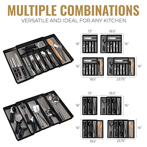 ELTOW Expandable Silverware Drawer Organizer & Utensil Tray Set, Non-Slip Kitchen Drawer Organizers and Storage, Kitchen Organization for Utensils, Cutlery, Office Supplies, Flatware Storage - Black