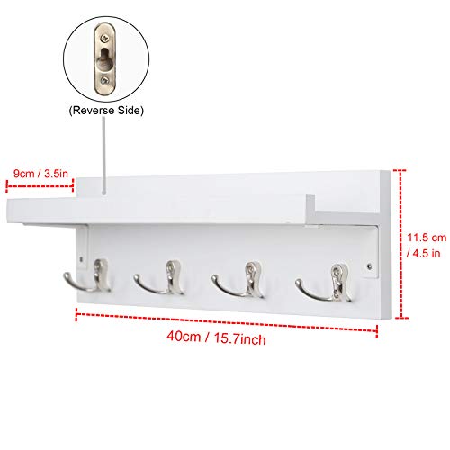 Hoanvi Floating Shelves with 8 Hooks for Bathroom Coat Rack, Wood Wall Key Holder Hooks Storage for Photo Ledge Display, Wall Mount Shelf Organizer for Kitchen Spice Rack, Entryway Decor. (White)