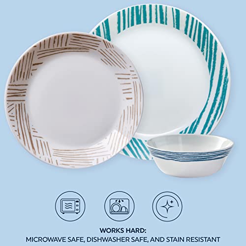 Corelle Everyday Expressions 12-Pc Dinnerware Set, Service for 4, Durable and Eco-Friendly, Higher Rim Glass Plate & Bowl Set, Microwave and Dishwasher Safe, Geometrica