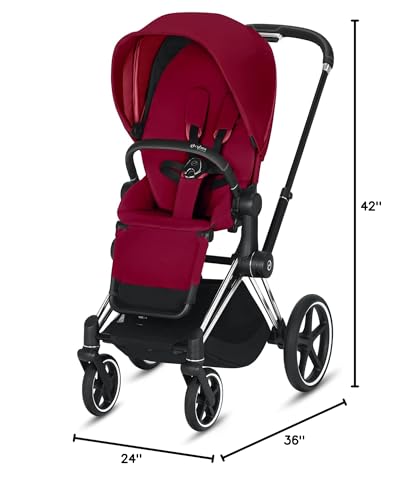Cybex e-Priam Complete Stroller, Smart Assist Technology, Rocking Mode, One-Hand Compact Fold, Reversible Seat, Smooth Ride All-Wheel Suspension, True Red Seat with Chrome/Black Frame