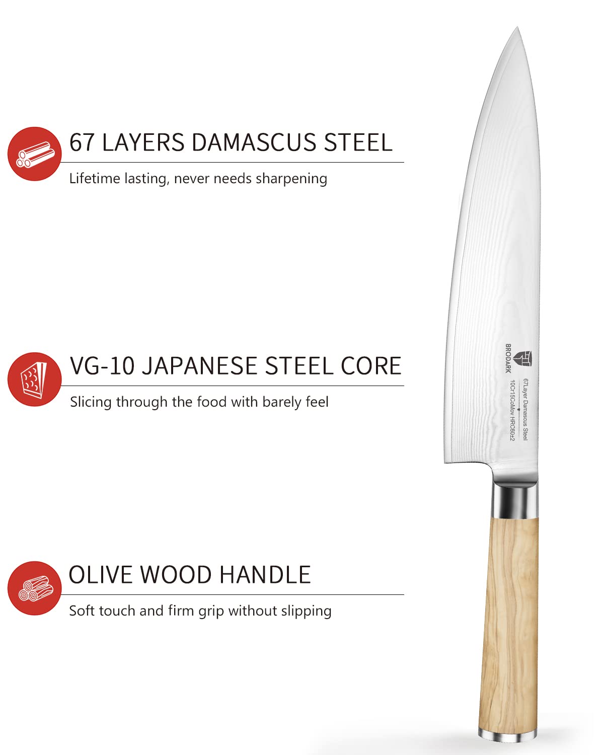 BRODARK Japanese Chef Knife, Damascus Chef Knife VG10 Steel Core 8 Inch with Olive Wood Handle, High Carbon Stainless Steel Kitchen Knife, Superb Edge Retention