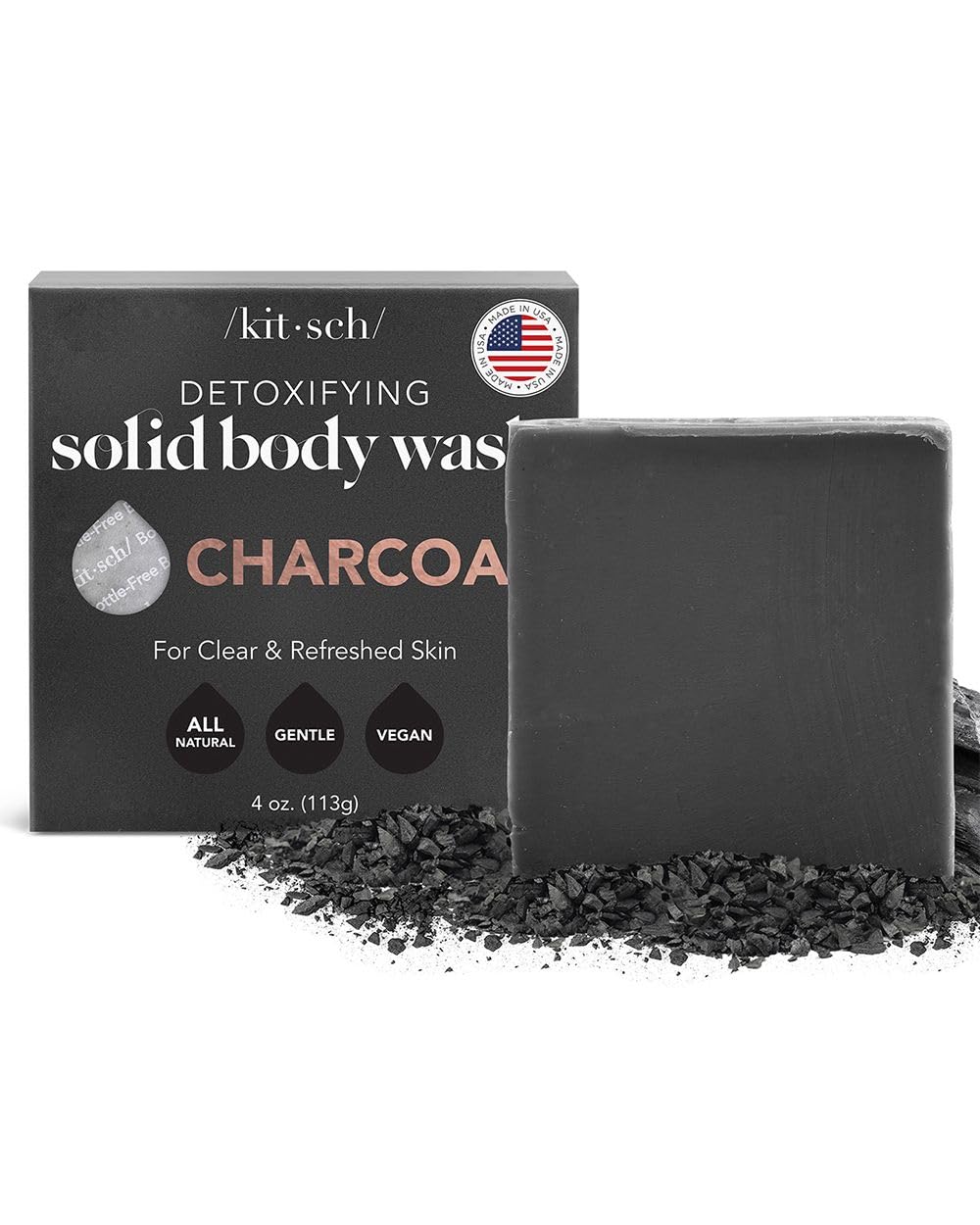Kitsch Charcoal Soap Bar - Black Soap Bar for Detoxifying Skin | Charcoal Bar Soap for Men | Activated Charcoal Soap for Women Made in USA | Carbonic Soap Bar & Vegan Black Bar Soap for Oily Skin, 4oz