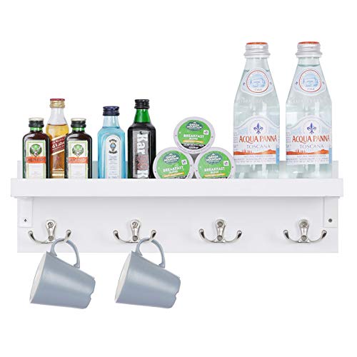 Hoanvi Floating Shelves with 8 Hooks for Bathroom Coat Rack, Wood Wall Key Holder Hooks Storage for Photo Ledge Display, Wall Mount Shelf Organizer for Kitchen Spice Rack, Entryway Decor. (White)