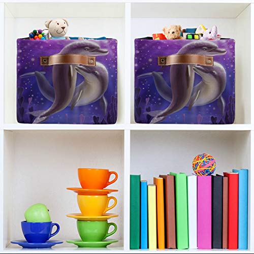 ALAZA Decorative Basket Rectangular Storage Bin, Two Lovers Dolphin Purple Organizer Basket with Leather Handles for Home Office