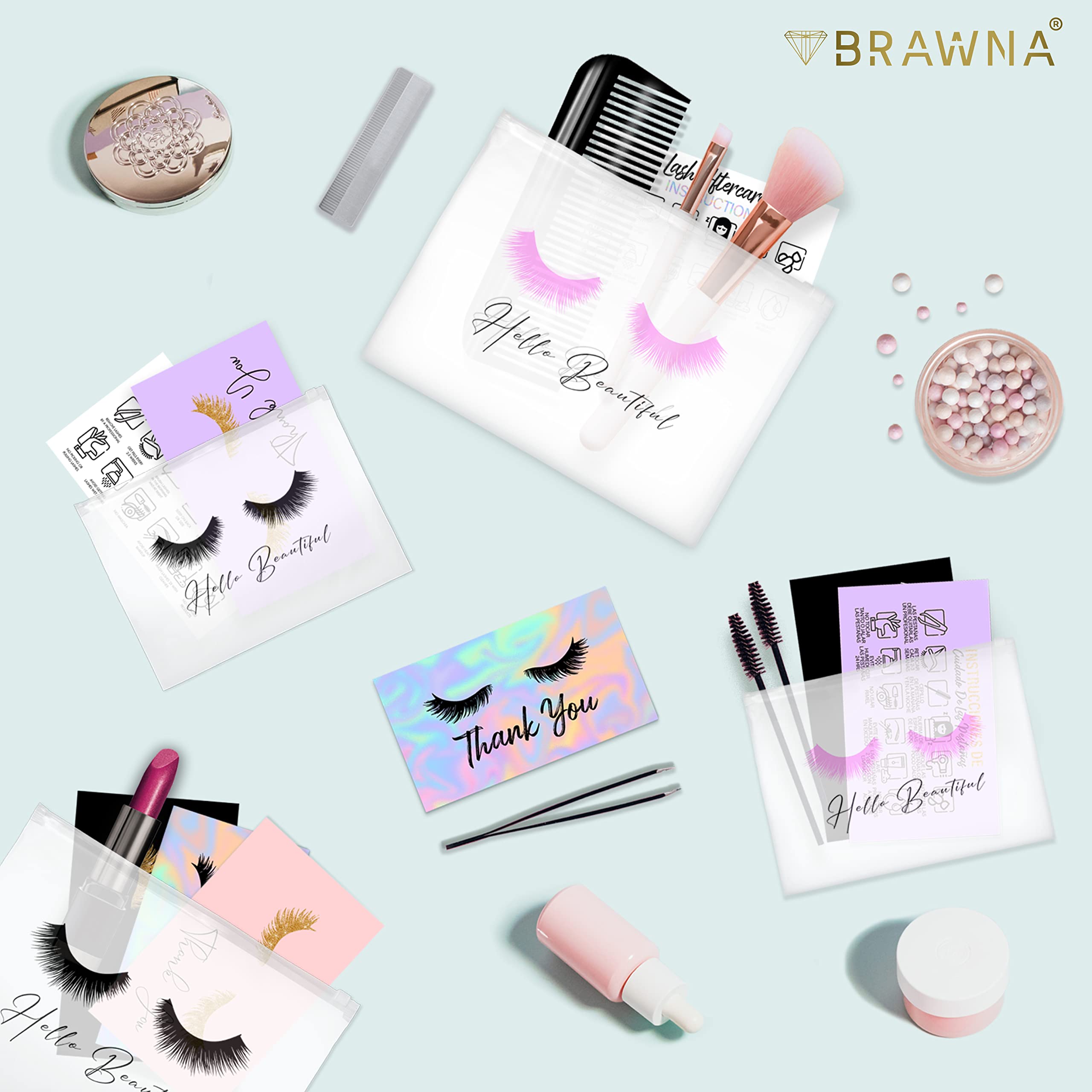 BRAWNA 60 Pck Reusable Travel Makeup and Accessory Bag - size 6x8 in - Pink Lash Bags, Case for Makeup Brushes in Bulk, Cute Collection