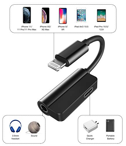 Headphone Adapter Lightning to 3.5mm AUX Audio Jack and Charger Extender Dongle Earphone Headset Splitter Compatible with iPhone 11 12 Mini pro max xs xr x se2 8 7Plus for Ipad Air Cable Converter