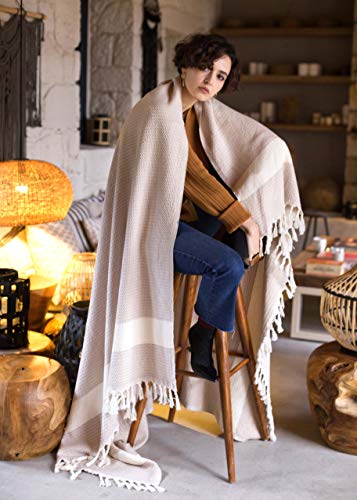 Fringe Home Throw Blanket, Boho Throw Blanket, 68" x 51" Throw Blanket for Sofa, Cotton Throw Blanket, Couch Throw Blanket, Made in Turkey (Boho - Beige)