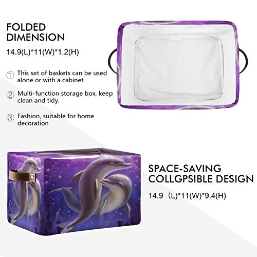 ALAZA Decorative Basket Rectangular Storage Bin, Two Lovers Dolphin Purple Organizer Basket with Leather Handles for Home Office