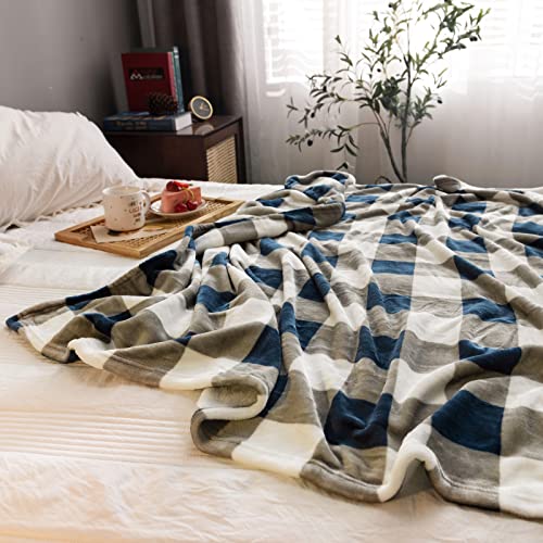 NEWCOSPLAY Buffalo Plaid Throw Blanket Soft Flannel Fleece Checker Pattern Lightweight Decorative Blanket for Bed Couch (280GSM-White-Navy Blue, Throw(50"x60"))